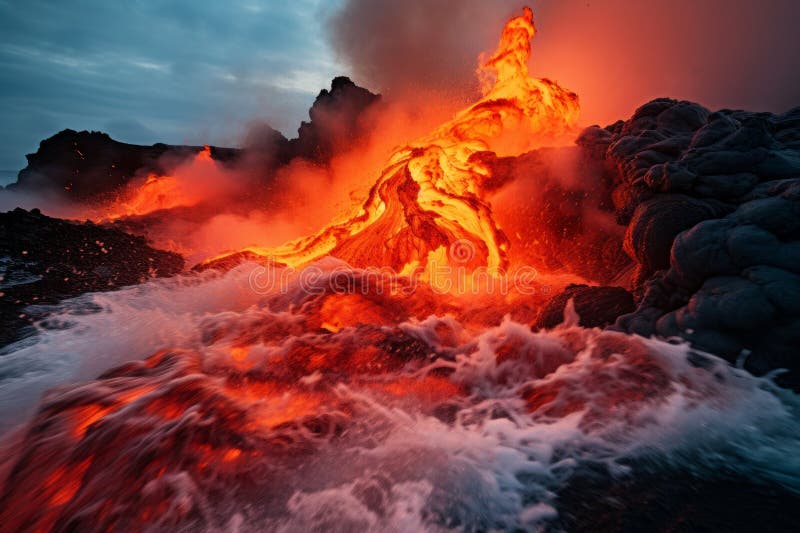 Lava Flows Dramatically Collide with Crashing Waves at Twilight ...
