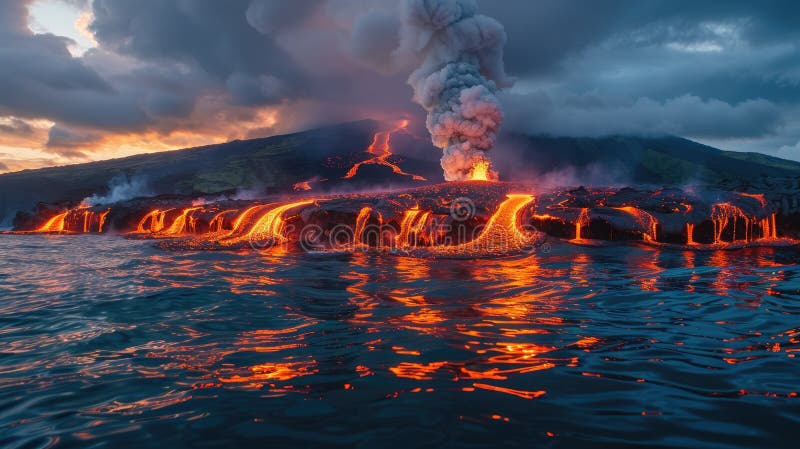 Lava Flows Dramatically Erupting into the Ocean during Volcanic ...