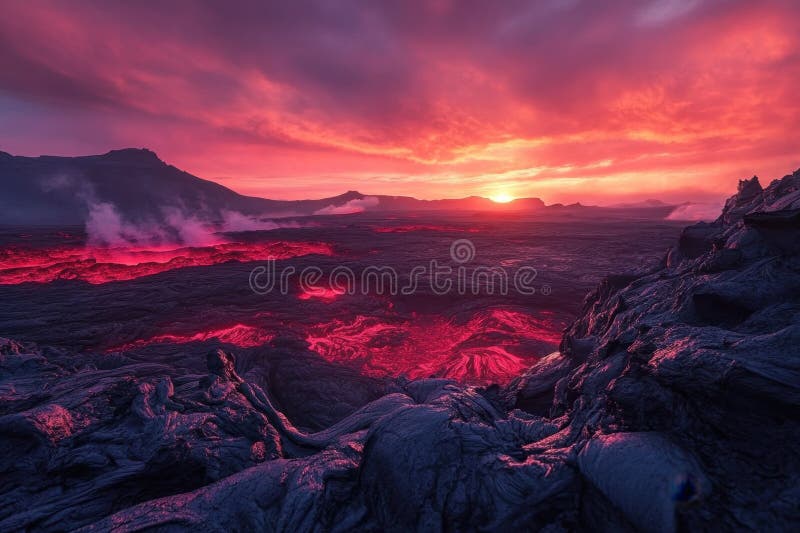 Lava Flows Illuminate a Dramatic Landscape Under a Stunning Sunset Sky ...