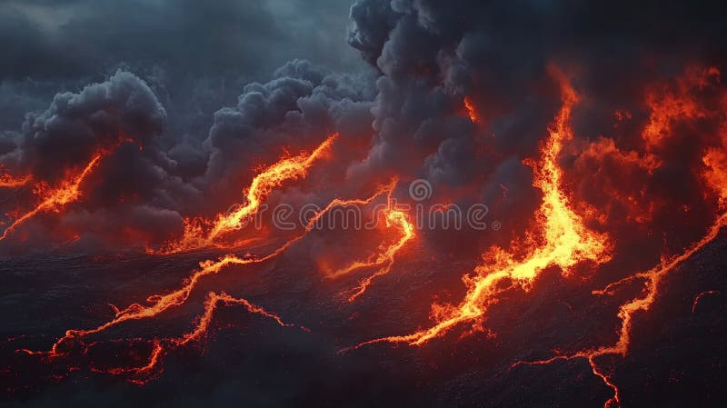 Lava Flows Illuminated by Glowing Embers Under a Dramatic Volcanic Sky ...