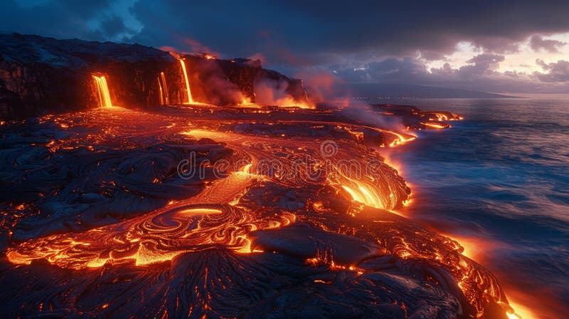 Lava Flows into Ocean from Cliff Stock Photo - Image of generative ...