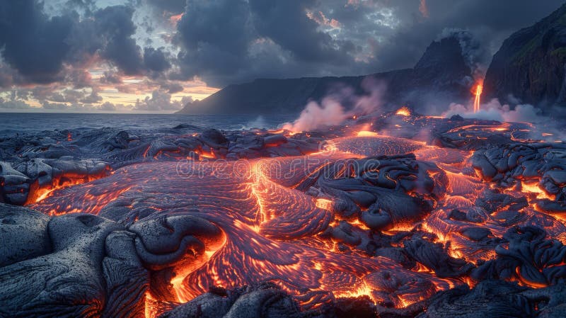 Lava Flows into Ocean from Cliff Stock Photo - Image of flows, dramatic ...