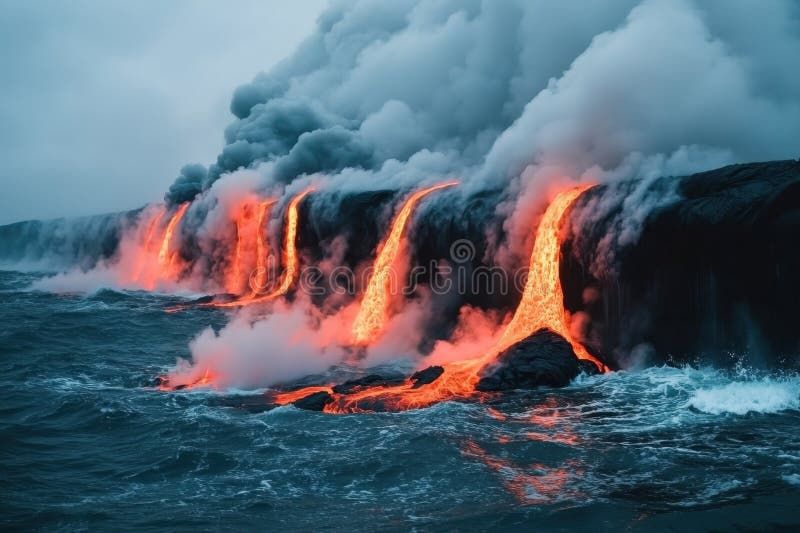 Lava Flows into the Ocean Creating Steam and Dramatic Landscapes at ...