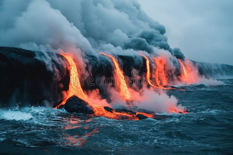 Lava Flows into the Ocean Creating Steam and Dramatic Landscapes at ...