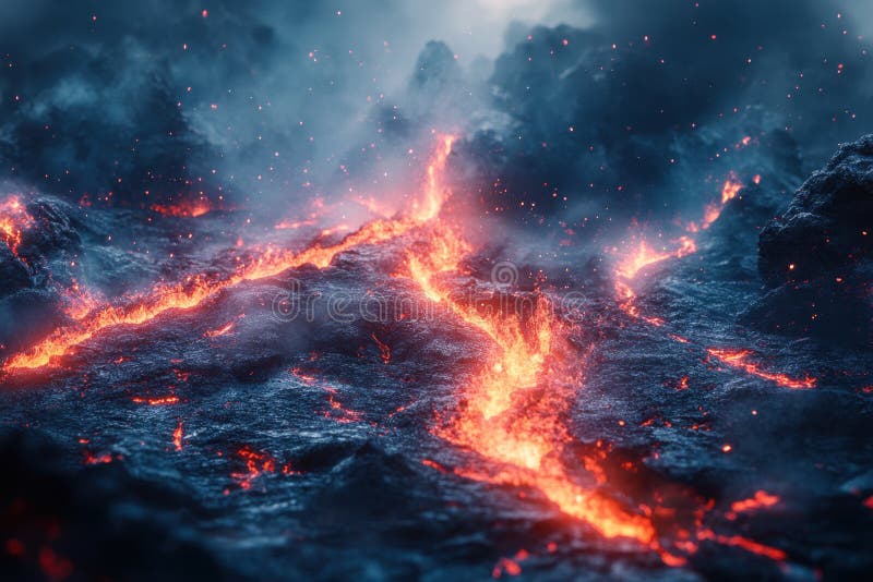 Lava Flows through Rocky Terrain Creating a Dramatic Landscape during ...