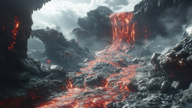 Lava Flows through Rocky Terrain Creating a Dramatic Landscape during ...