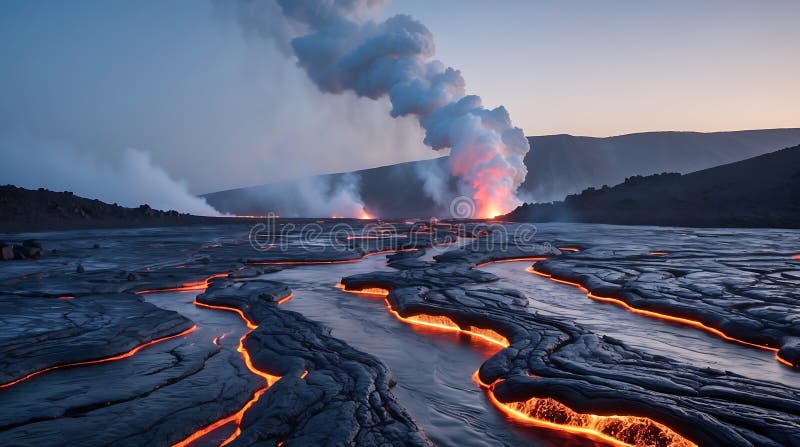 Spectacular Lava Flow Illuminating Landscape during Twilight Hours at ...