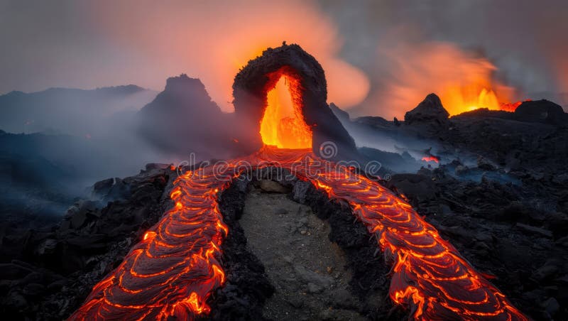 Lava Flows from a Volcanic Eruption Creating a Stunning Display of Fire ...