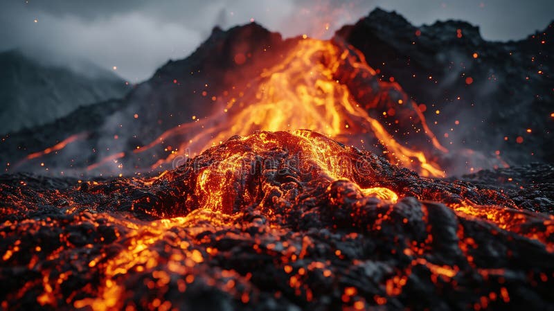 Lava Going Down the Volcano Right after an Eruption. Stock Photo ...