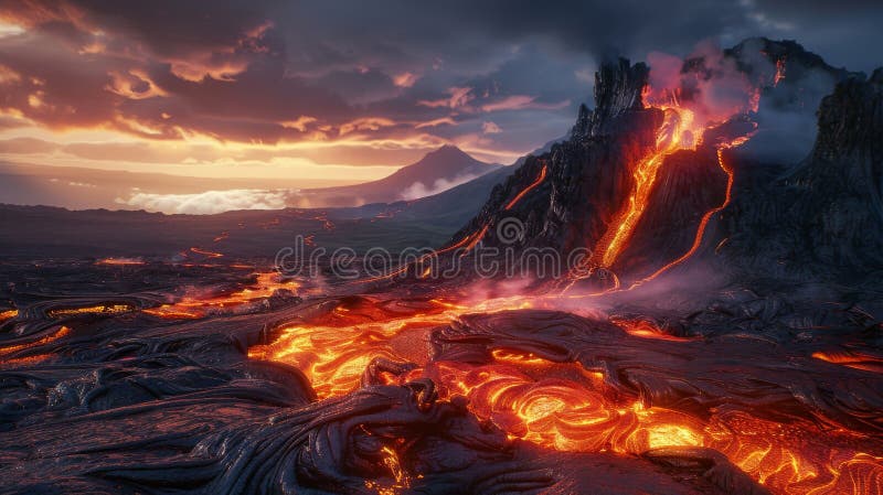 A Lava Lake with Molten Lava Continuously Flowing Out, Creating a ...