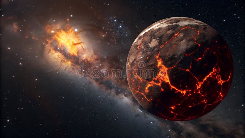 Lava Planet in Nebula: Exoplanet with Molten Surface Against Starry ...