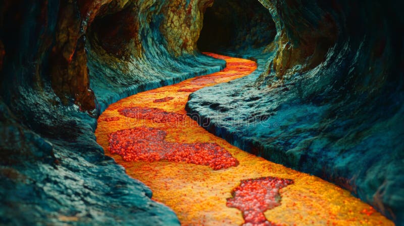 Lava River Flows through a Dark Volcanic Cave Stock Illustration ...