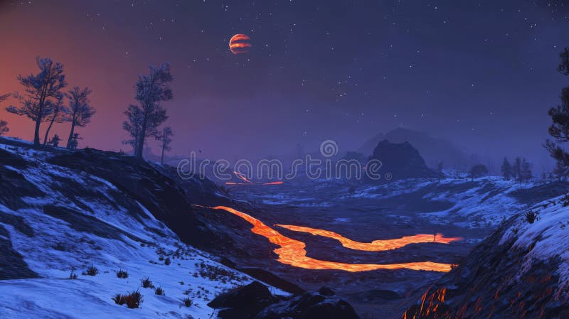 Lava River Under Night Sky, Snow Covered Hills Stock Image - Image of ...