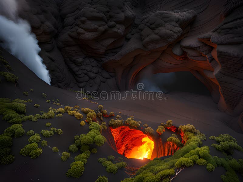 A lava rock in a dark cave stock illustration. Illustration of fire ...