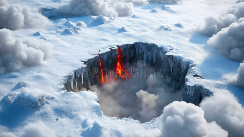 Lava Splitting Mountain Snow into Water. Stock Illustration ...