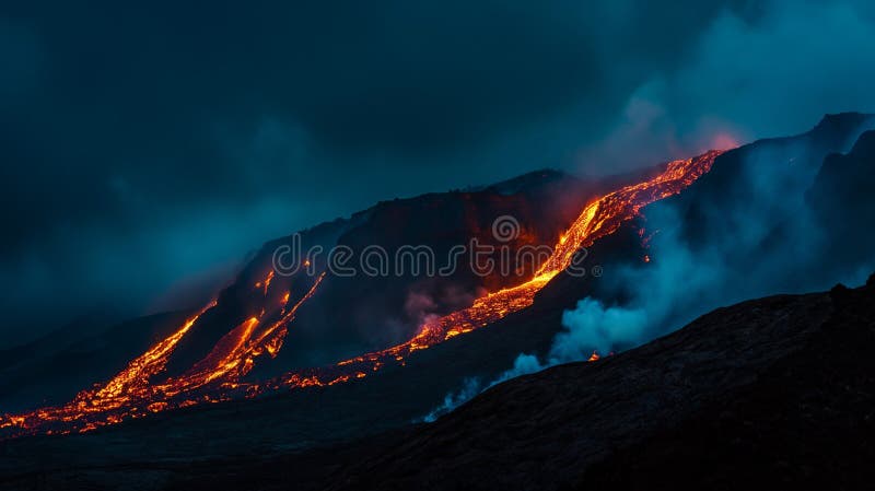 Lava Spurting Out of Crater and Reddish Illuminated Smoke Cloud, Lava ...