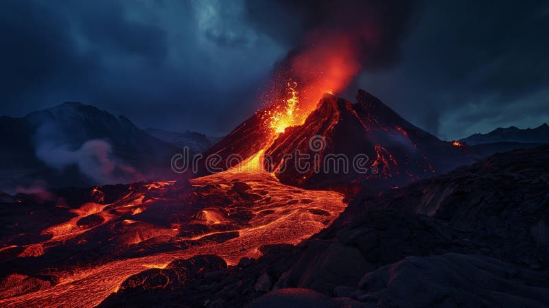 Lava Spurting Out of Crater and Reddish Illuminated Smoke Cloud, Lava ...