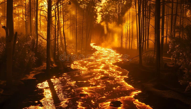 Lava Streams Down the Forest Road, Burning the Trees in Its Path ...