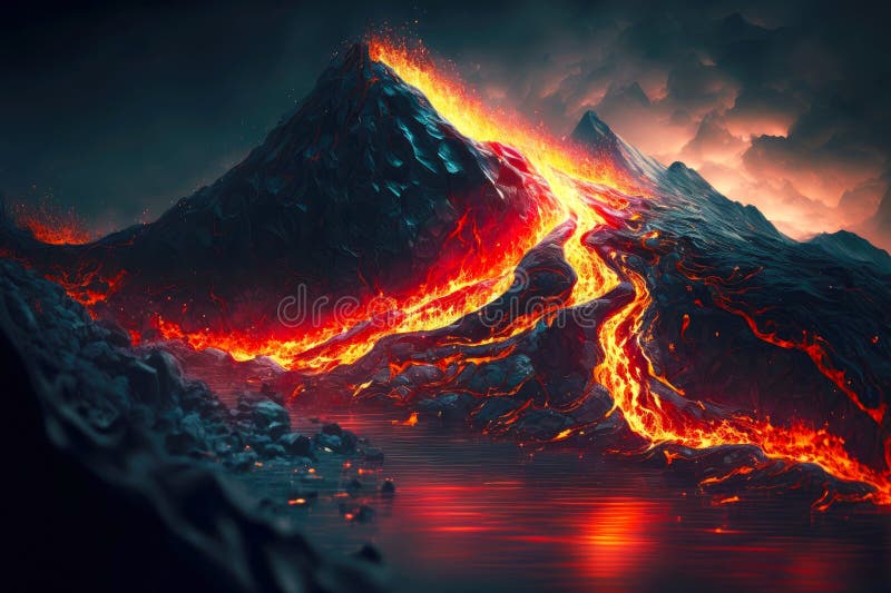 Lava Texture Flowing from Burning Volcano Down Mountain Stock ...