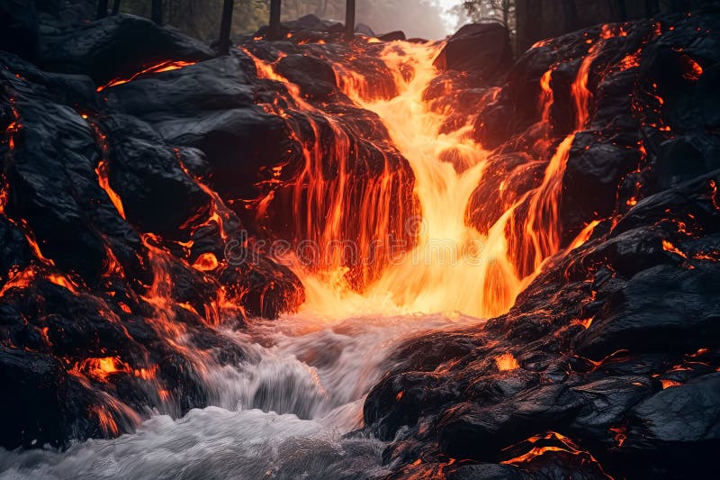 Lava from a Volcano Flows Over a Waterfall and Solidifies Stock Image ...