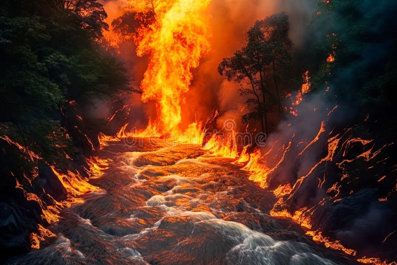 Lava from a Volcano Flows Over a Waterfall and Solidifies Stock Image ...