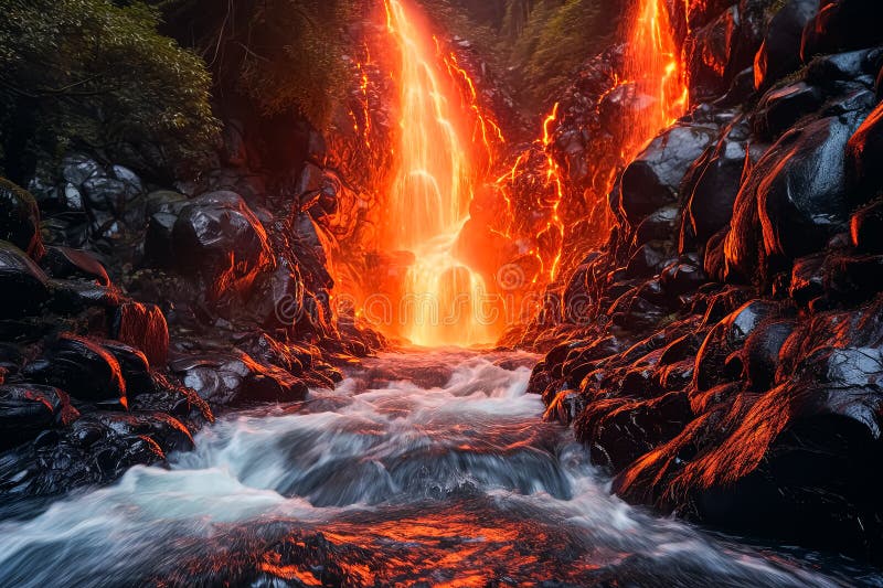 Lava from a Volcano Flows Over a Waterfall and Solidifies Stock Photo ...