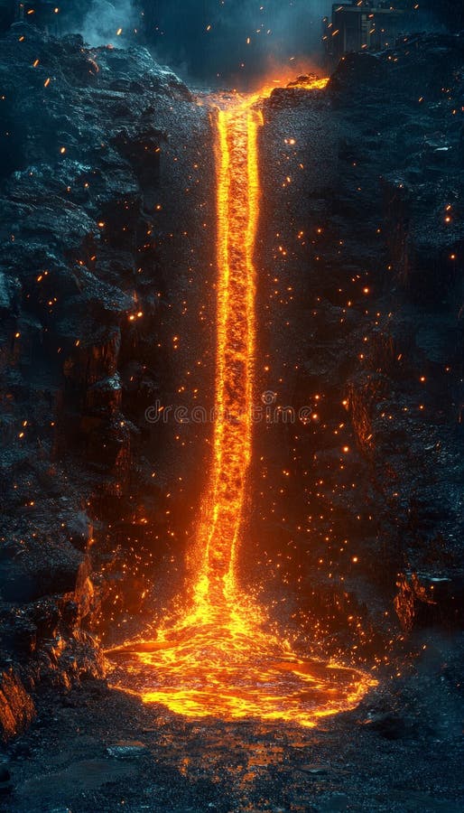 Lava Waterfall Cascading Down Rocky Terrain, Creating Fiery Spectacle ...
