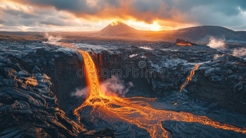 Lava Waterfall Flows from Volcanic Mountain at Sunset Stock Image ...