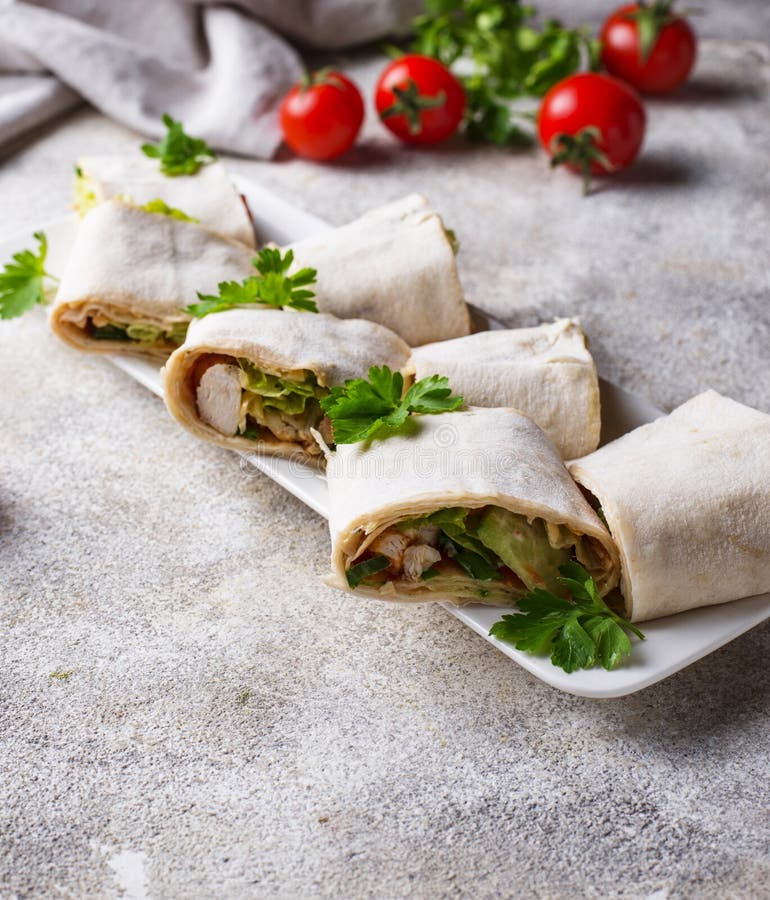 Lavash Rolls with Chicken and Vegetables Stock Photo - Image of lavash ...
