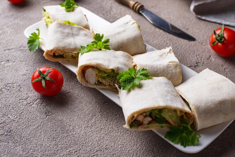 Lavash Rolls with Chicken and Vegetables Stock Photo - Image of picnic ...