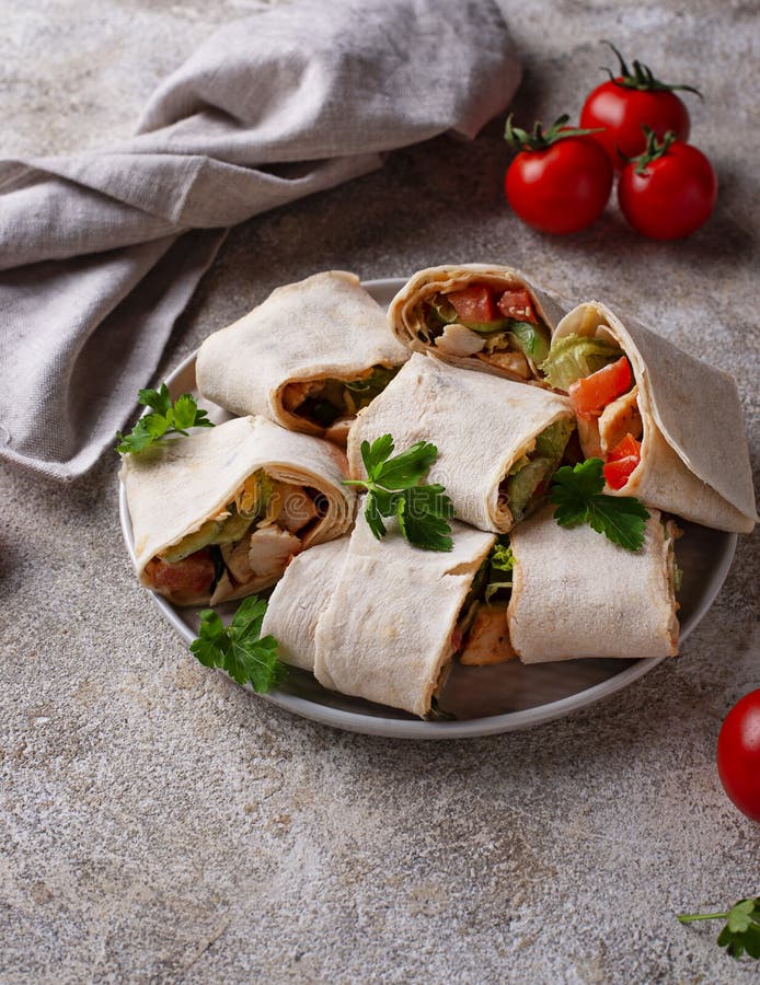 Lavash Rolls with Chicken and Vegetables Stock Image - Image of party ...