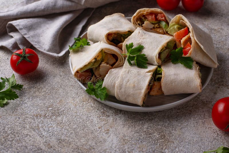 Lavash Rolls with Chicken and Vegetables Stock Photo - Image of snack ...