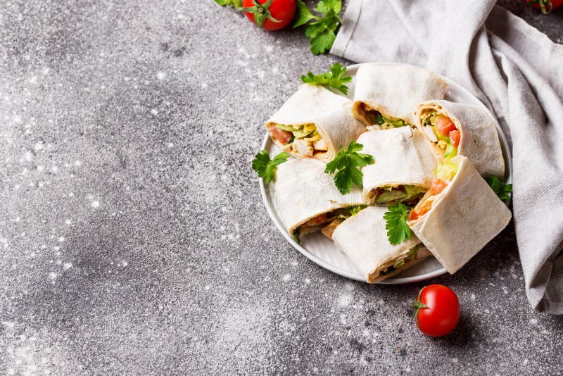 Lavash Rolls with Chicken and Vegetables Stock Image - Image of tomato ...