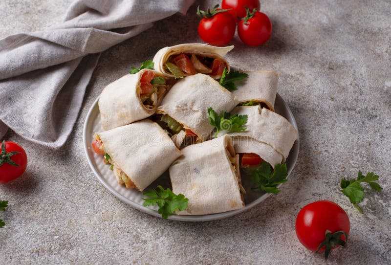 Lavash Rolls with Chicken and Vegetables Stock Image - Image of picnic ...