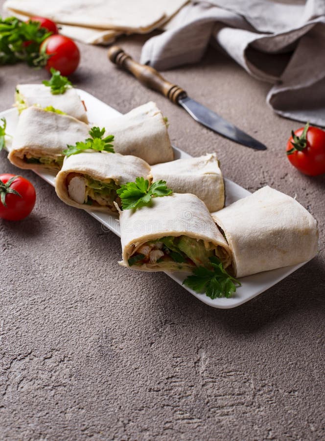 Lavash Rolls with Chicken and Vegetables Stock Photo - Image of lavash ...