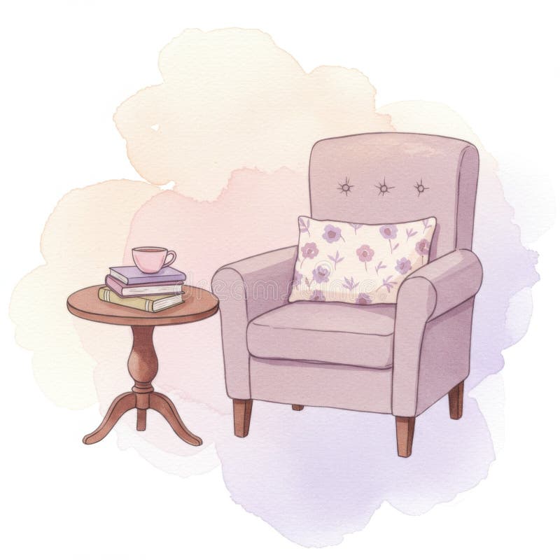 Lavender Armchair and Side Table with Books Stock Illustration ...