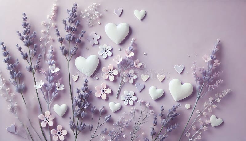 Lavender Background with Delicate White Hearts and Lavender Flowers for ...
