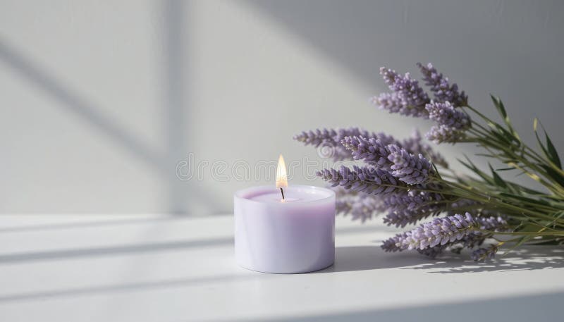 Lavender Bouquet with Candle on Table Stock Illustration - Illustration ...