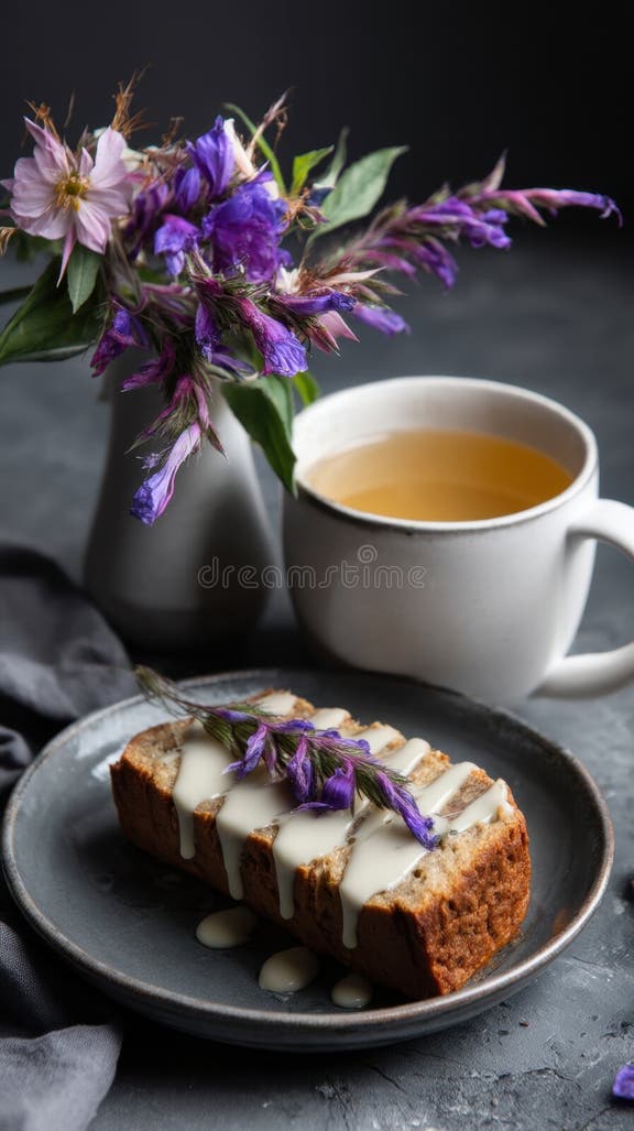 Lavender Cake with Drizzle and Tea in Modern Setting Stock Illustration ...