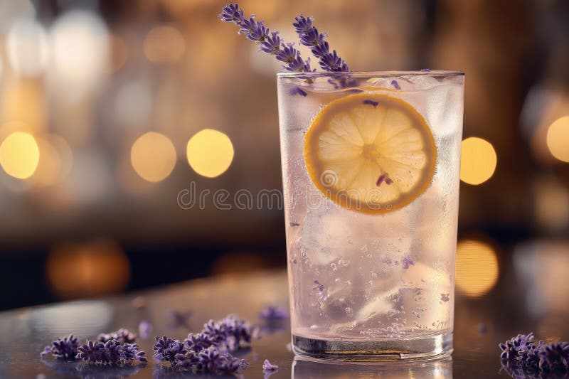 Lavender Collins Cocktail with Fresh Lavender and Lemon in a ...