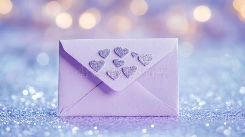 Lavender Envelope with Silver Hearts on Glitter Background Stock ...