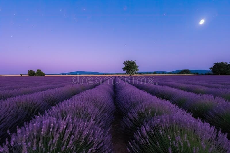 Lavender Field with Crescent Moon in the Sky during the Night Stock ...