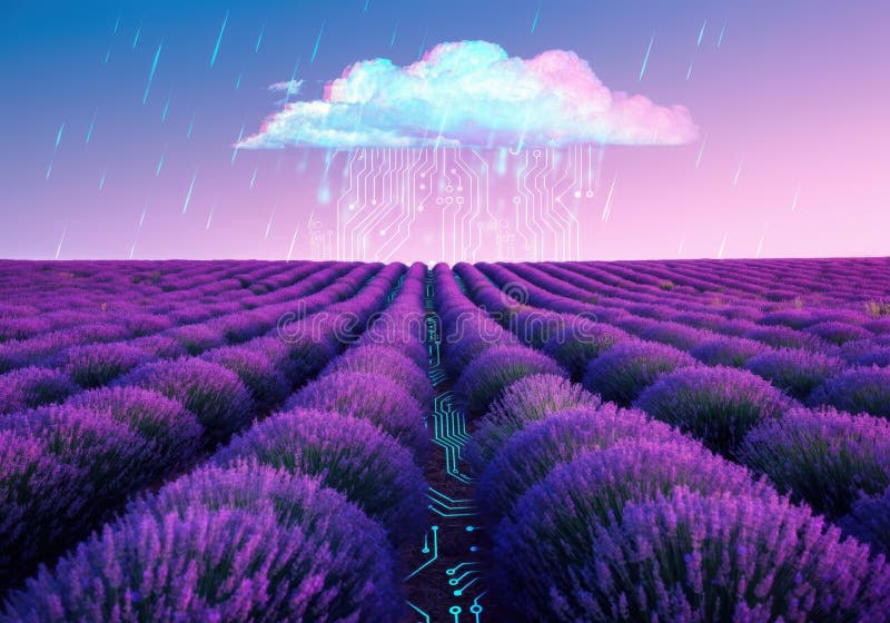 Lavender Field with a Digital Cloud and Rain, Symbolizing Technology ...