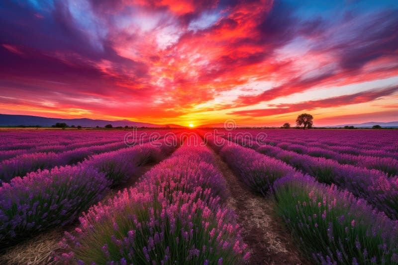 Lavender Field with Dramatic Sunset, the Sky Bursting into Color Stock ...