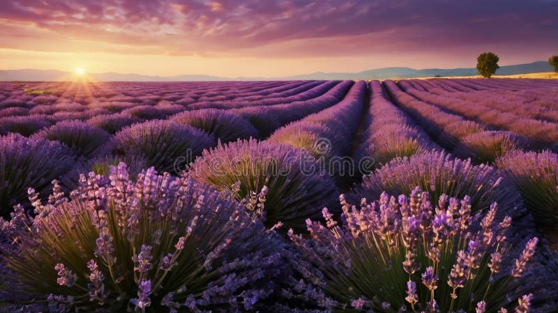 Serene Lavender Field Sunset Rows Purple Flowers Under Dramatic Sky ...
