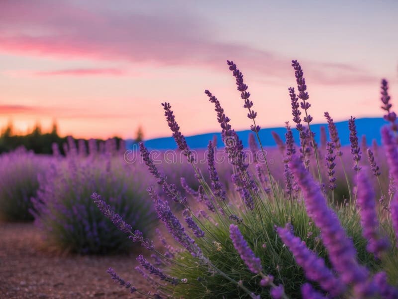Lavender Field with a Glowing Evening Sky. Stock Illustration ...