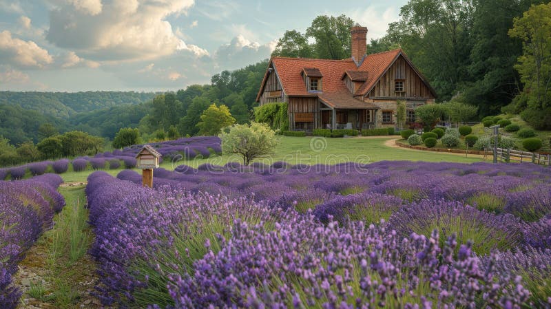 Lavender Field with House in Background Stock Image - Image of building ...