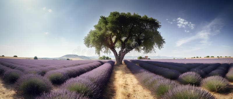 Lavender Field with Lonely Tree in Provence, France Stock Illustration ...