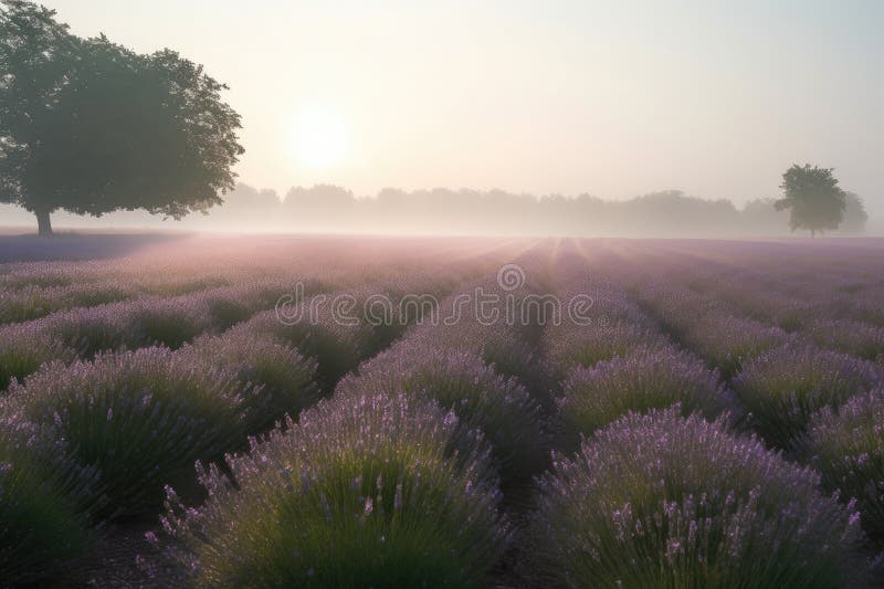 Lavender Field in the Misty Morning Light Stock Image - Image of ...