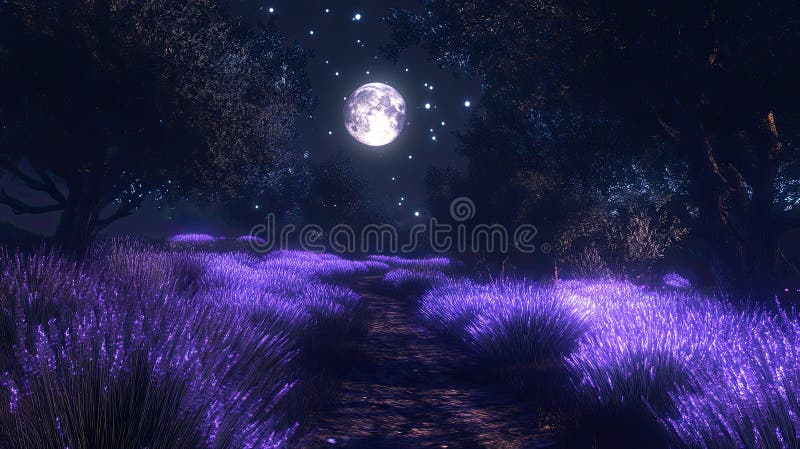 Lavender Field Moonlight Night Stock Image - Image of trees, lavender ...